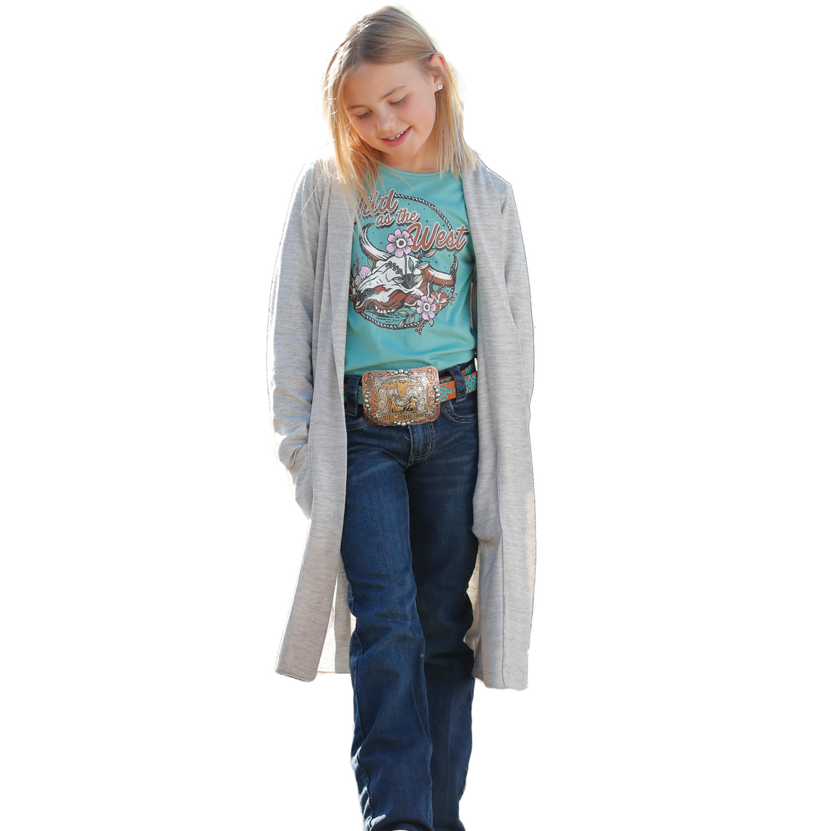Cruel Denim Girl's Aztec Longhorn Heather Grey Duster Cardigan CWK8950