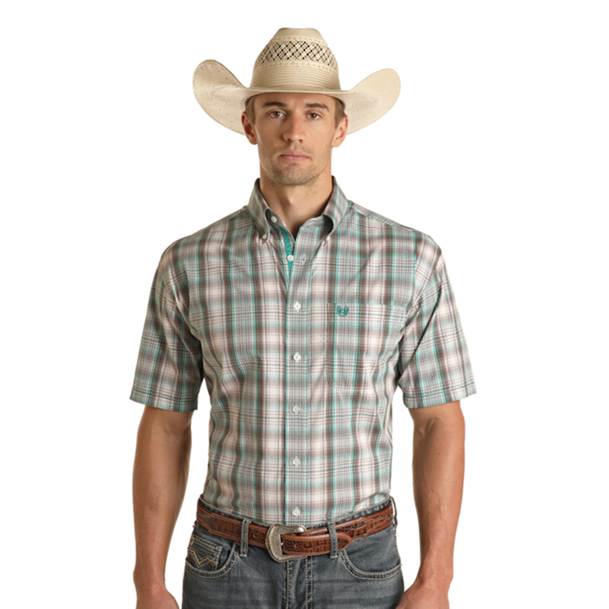 Panhandle Men's Plaid Turquoise Button Down Shirt RMB3S03815