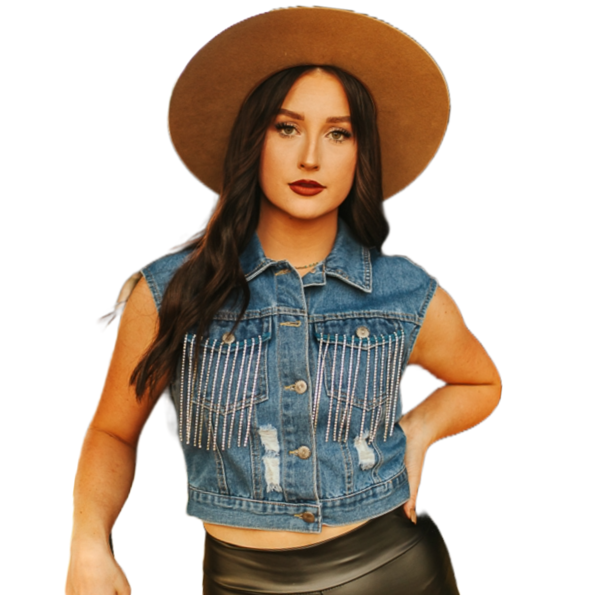 Lucky & Blessed Ladies All Around Distressed Stone Wash Denim Vest JO0