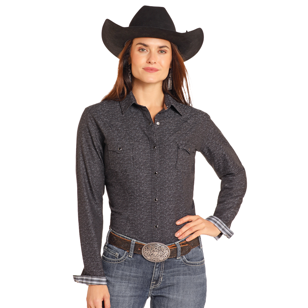 Panhandle Ladies Novelty Dobby Solid Black Snap Shirt RWN2S03192