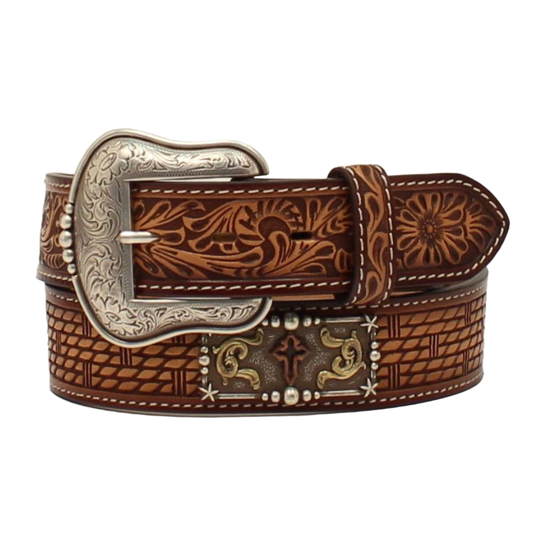 3D Belt Company Men's Western Floral Tabs Cross Concho Tooled Belt D10