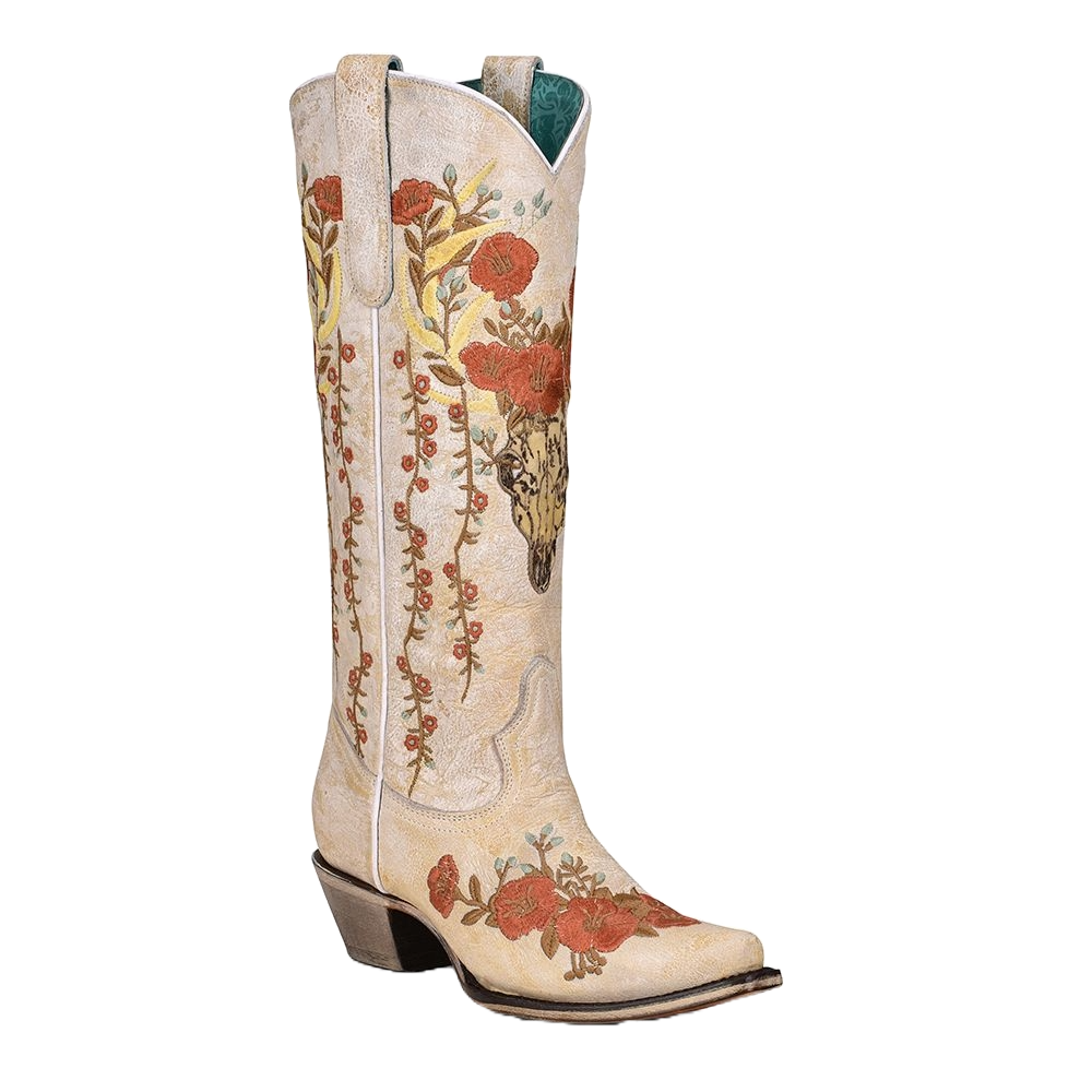 Corral Ladies White Floral & Deer Embroidery Snip Toe Boots A4186