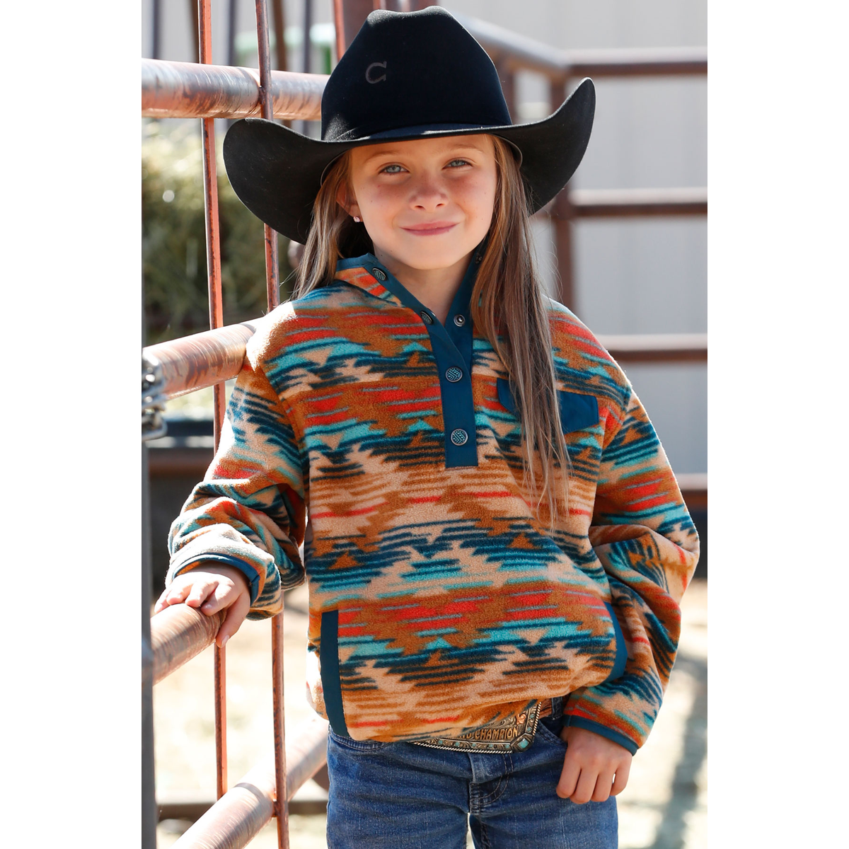 Cinch Youth Girl's Khaki Aztec Fleece Pullover CWK8720003